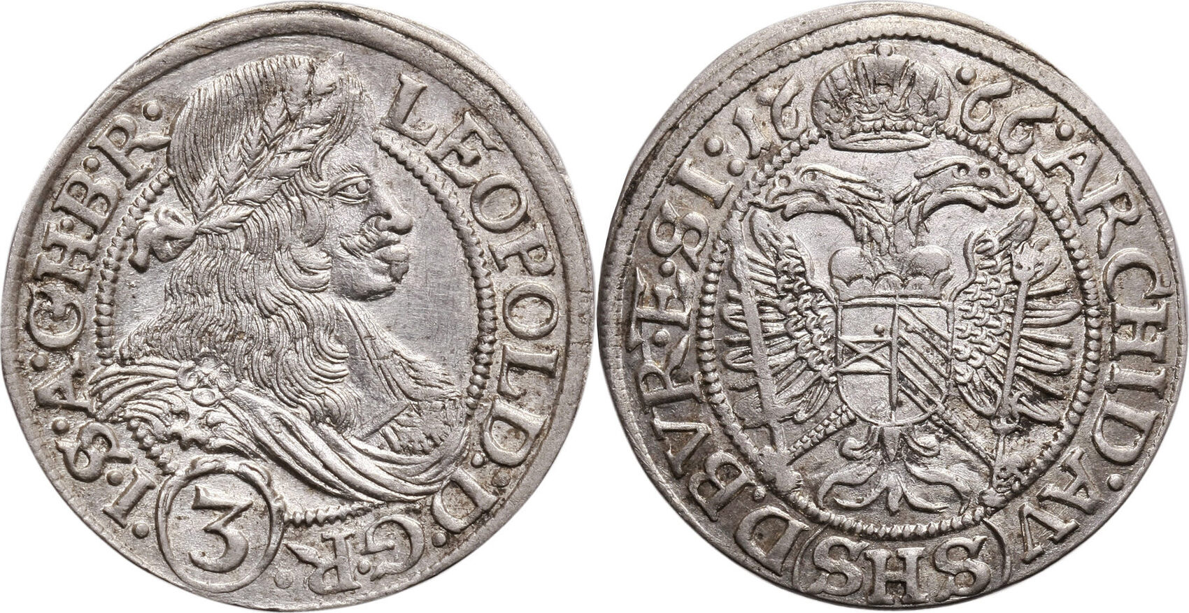 Austria / Silesia 3 Kreuzer 1666 SHS Breslau Mint, Leopold I aUNC/XF+ | MA-Shops