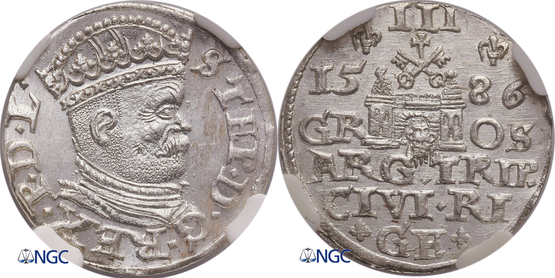 Poland - Riga 3 Groschen (Dreigröscher) 1586 Stephan Bathory NGC MS 64 ...