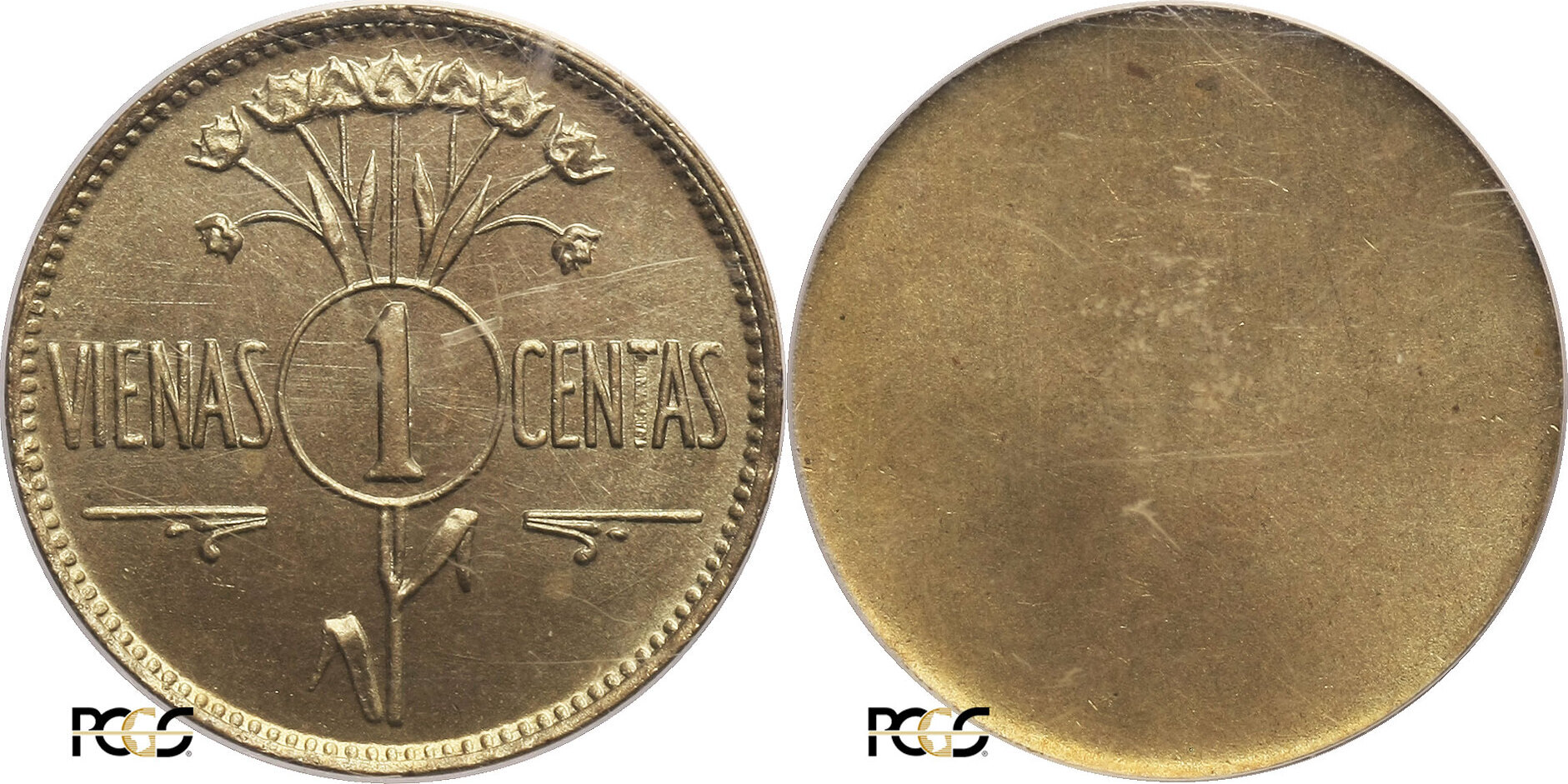 Lithuania 1 Centas 1925 Specimen Uniface Reverse PCGS SP 66 | MA-Shops