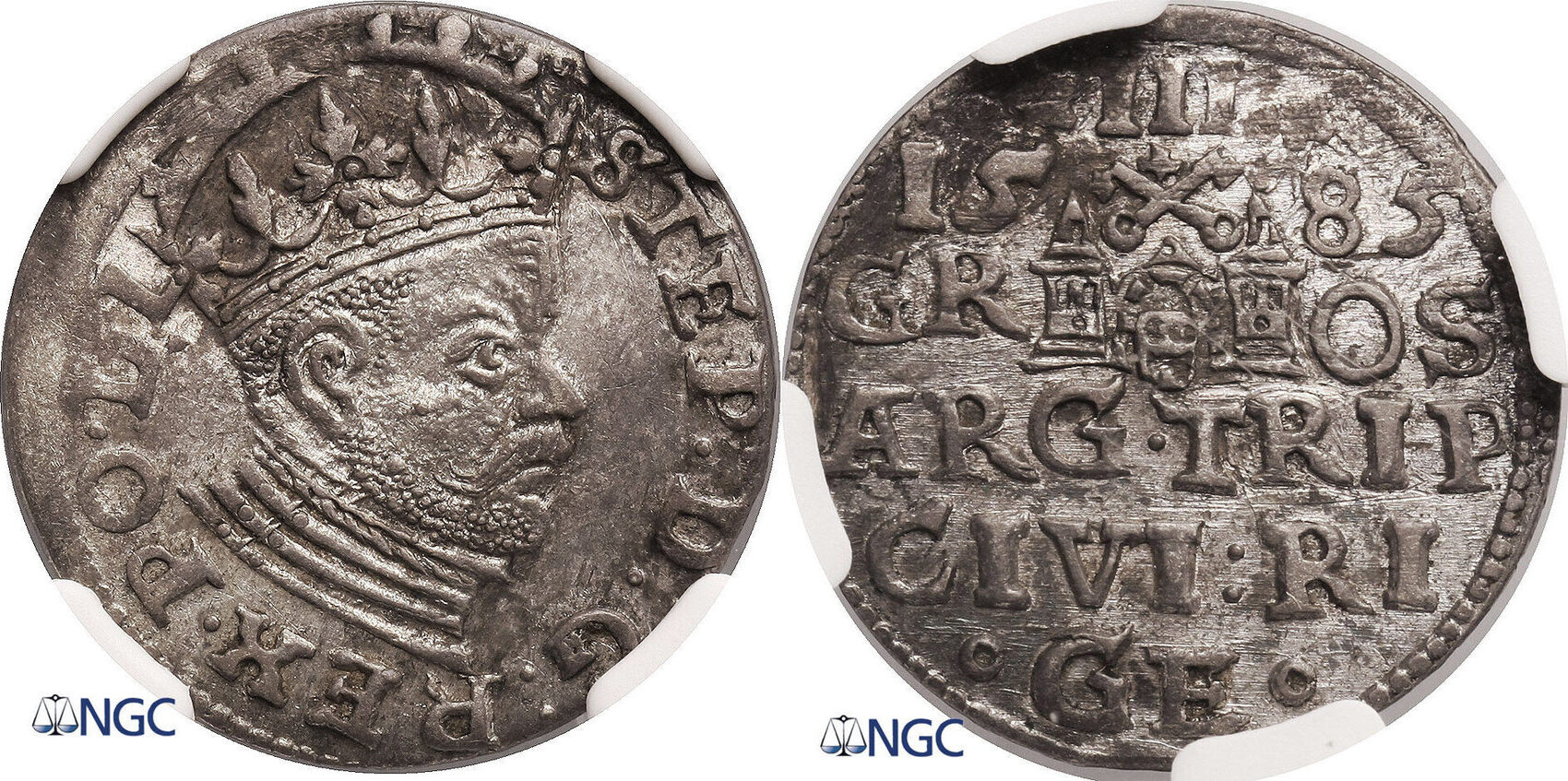 Poland - Riga 3 Groschen (Dreigröscher) 1585 Stephan Bathory NGC AU ...