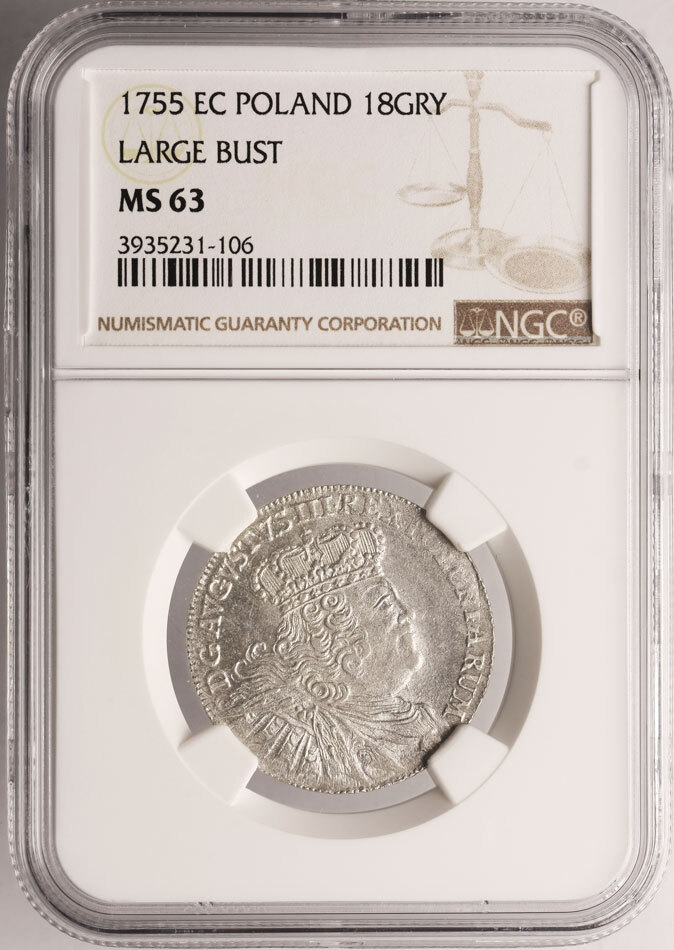 Polen / Saxony Ort (18 Groschen) 1755 EC Friedrich August II 1733-1763 NGC MS 63 | MA-Shops