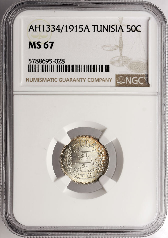 Tunisia - French Protectorate 50 Centimes AH 1334 / 1915 AD top NGC !!!, pop 3 pcs NGC MS 67 ...