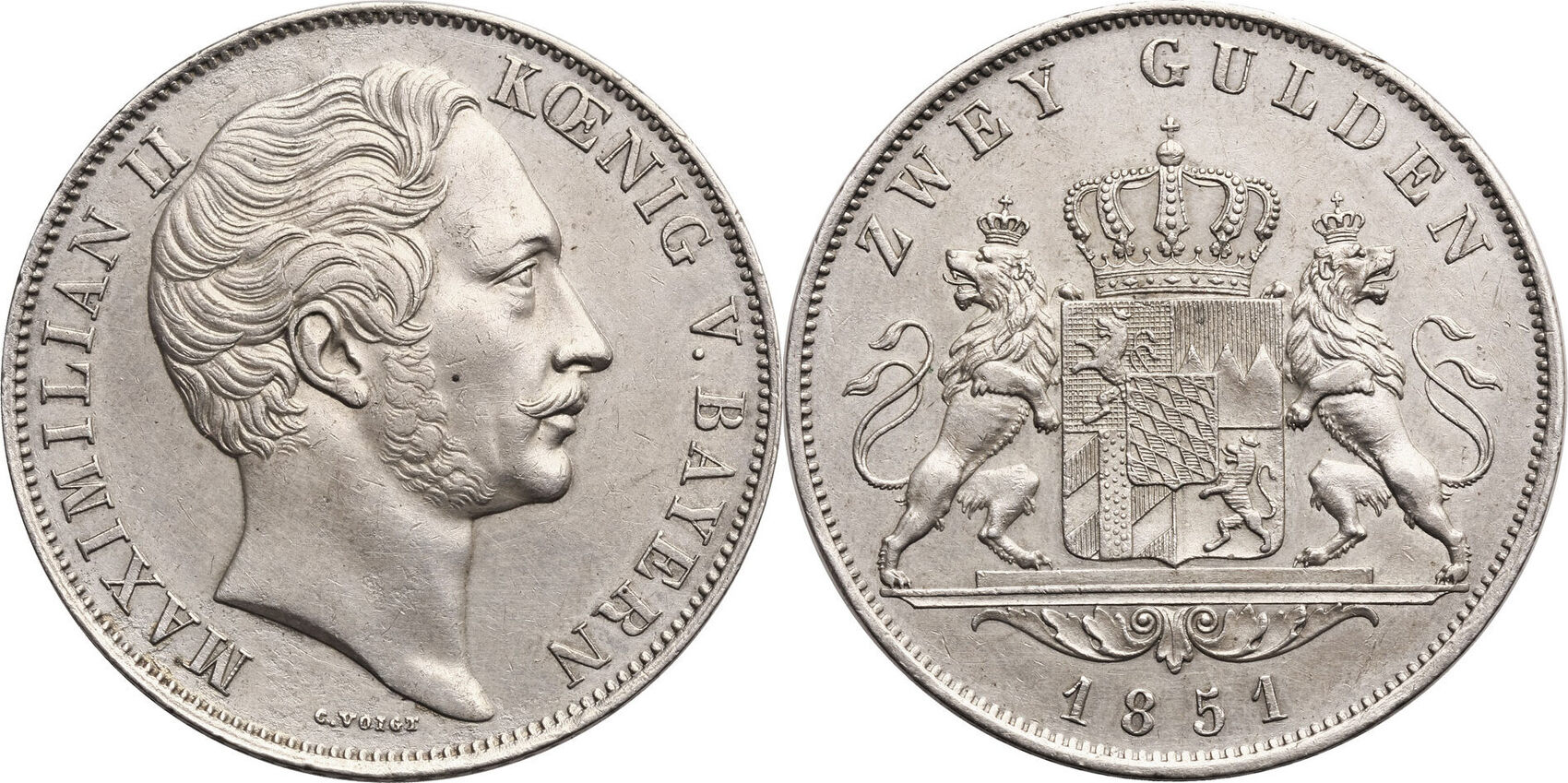 Bavaria / Bayern 2 Gulden 1851 Maximilian II XF | MA-Shops