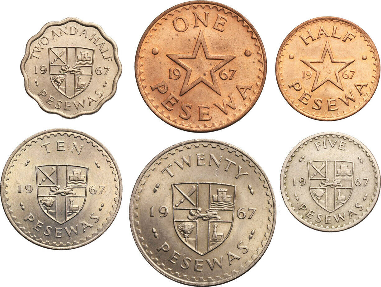 Ghana Set 1/2, 1, 5, 2-1/2, 10, 20 Pesewa 1967 UNC/VF/aUNC | MA-Shops