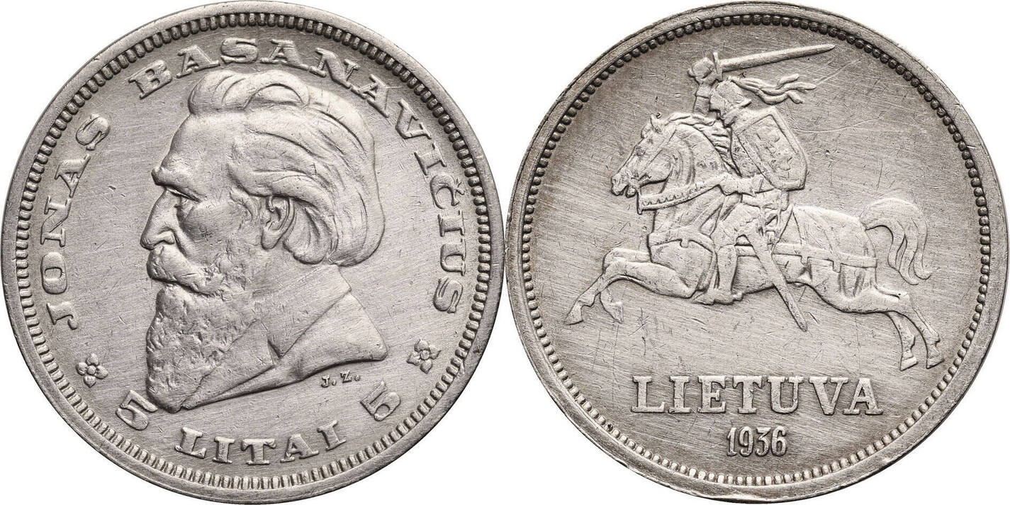 Lithuania, First Republic 1918-1940 5 Litai 1936 Basanavicius VF | MA-Shops
