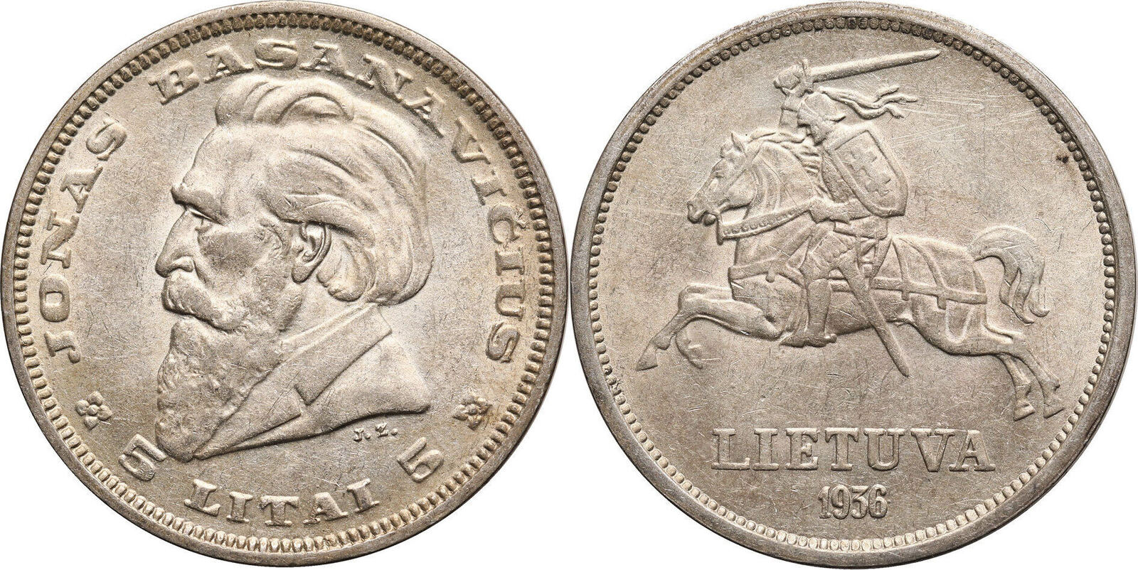 Lithuania, First Republic 1918-1940 5 Litai 1936 Basanavicius XF+ | MA ...