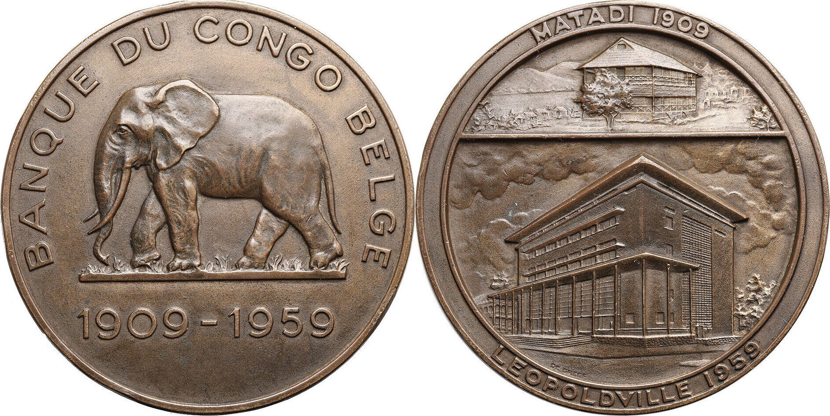 Belgian Congo Br medal 1959 Banque du Congo Belge, 1909 - 1959 XF | MA ...