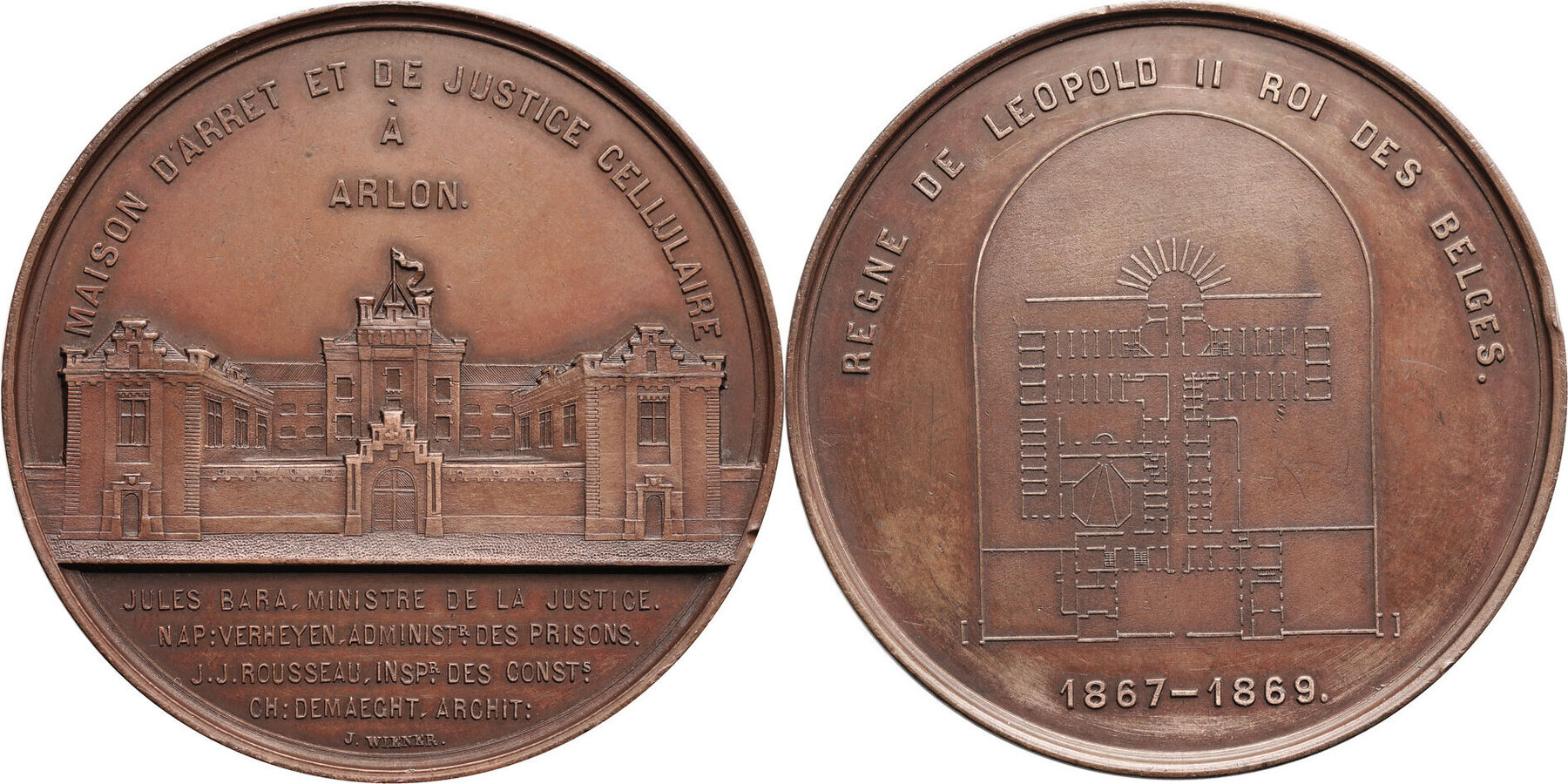 Belgium, Leopold II Bronze Medal 1869 House of Justice and Cellular ...