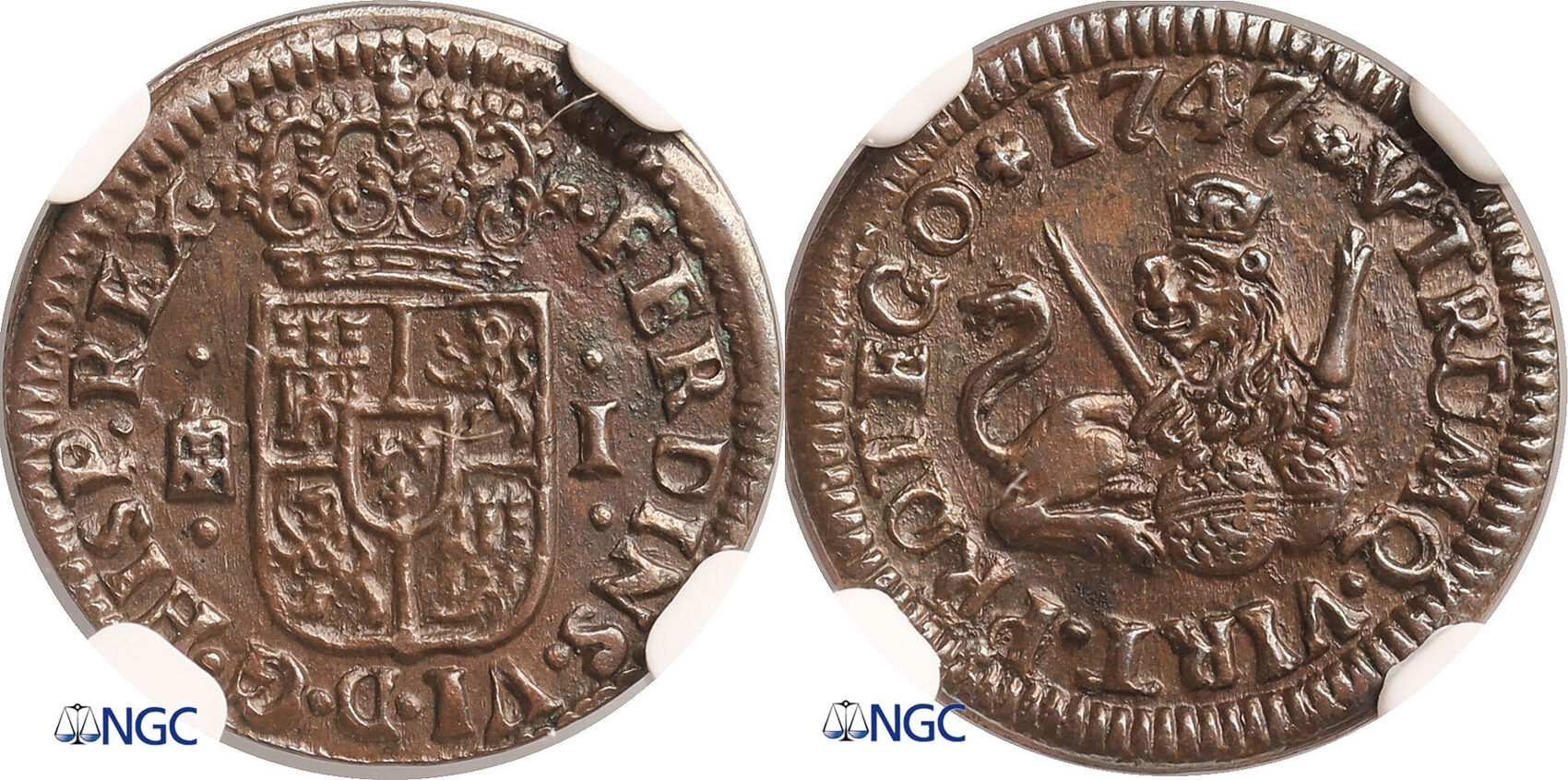 Spain, Ferdinand VI 1 Maravedi 1747 Segovia NGC UNC Details | MA-Shops