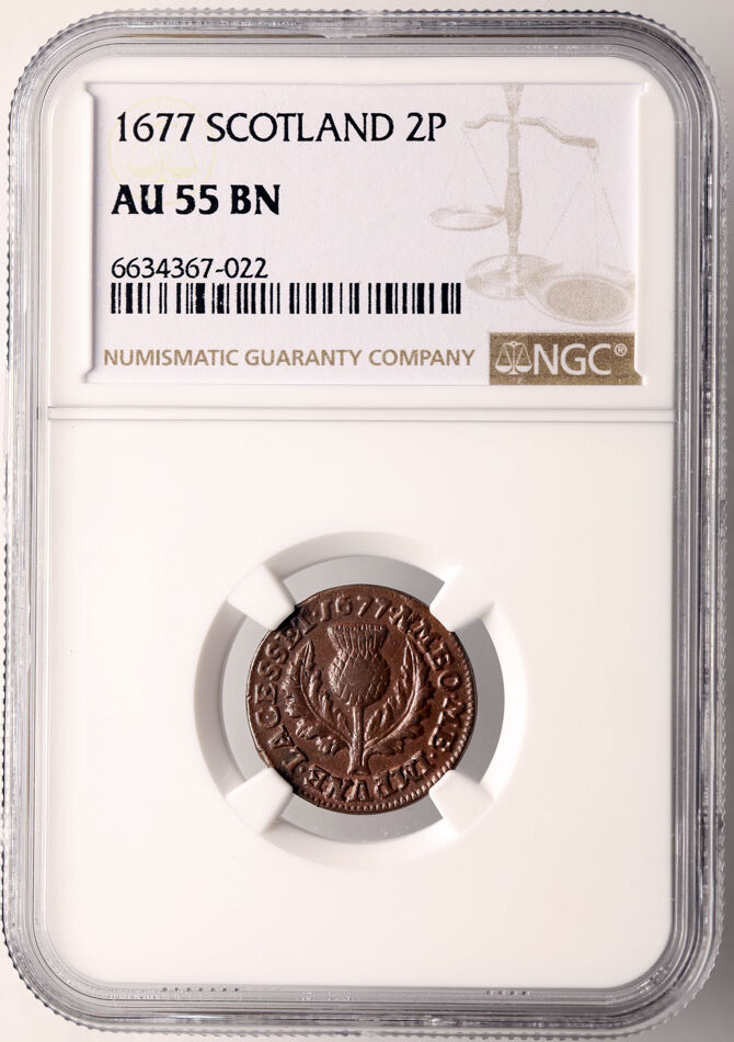 Scotland, Charles II Turner or Bodle - Twopence 1677 NGC AU 55 BN | MA ...