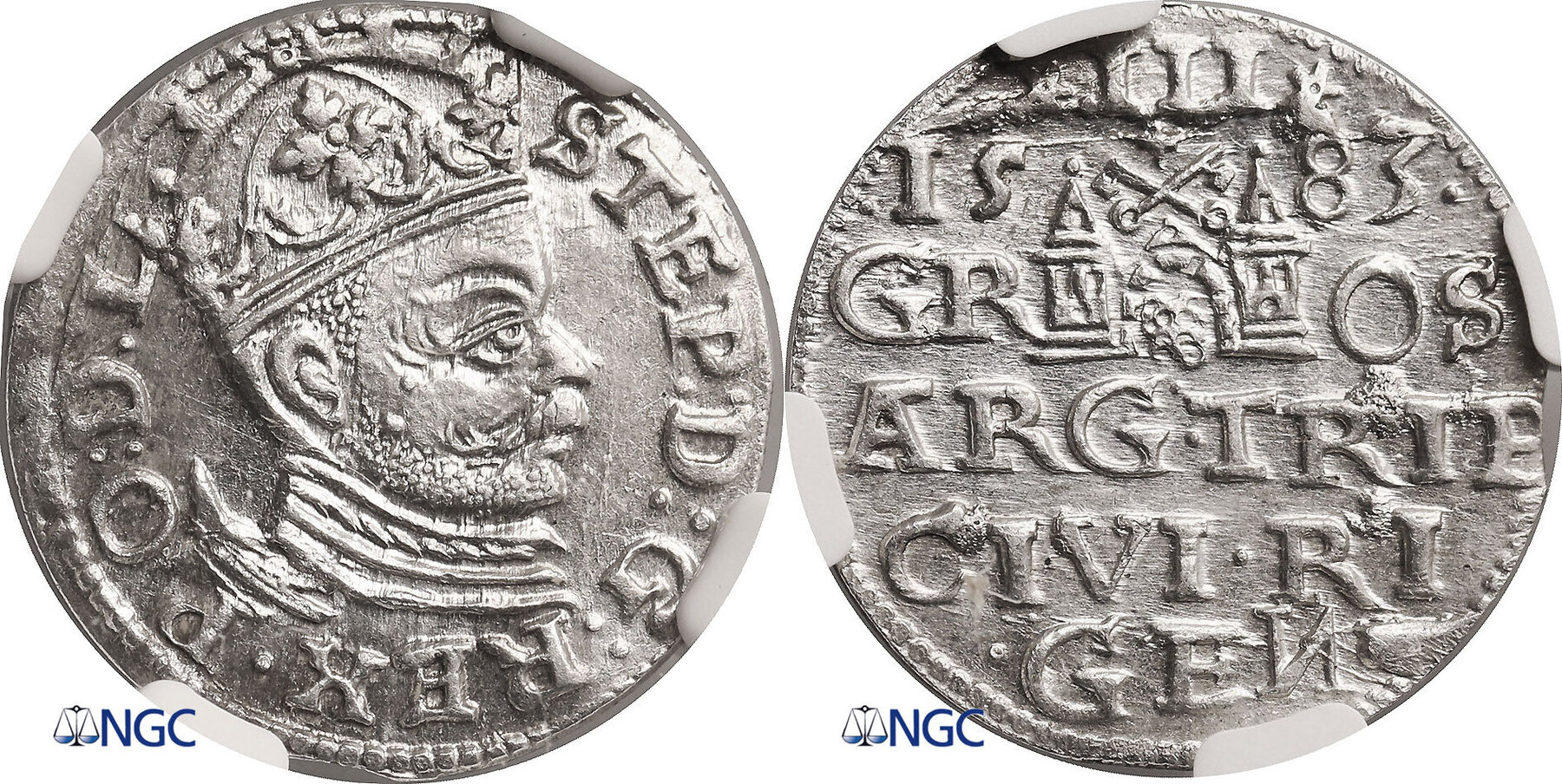 Poland - Riga 3 Groschen (Dreigröscher) 1583 Stephan Bathory NGC MS 64 ...