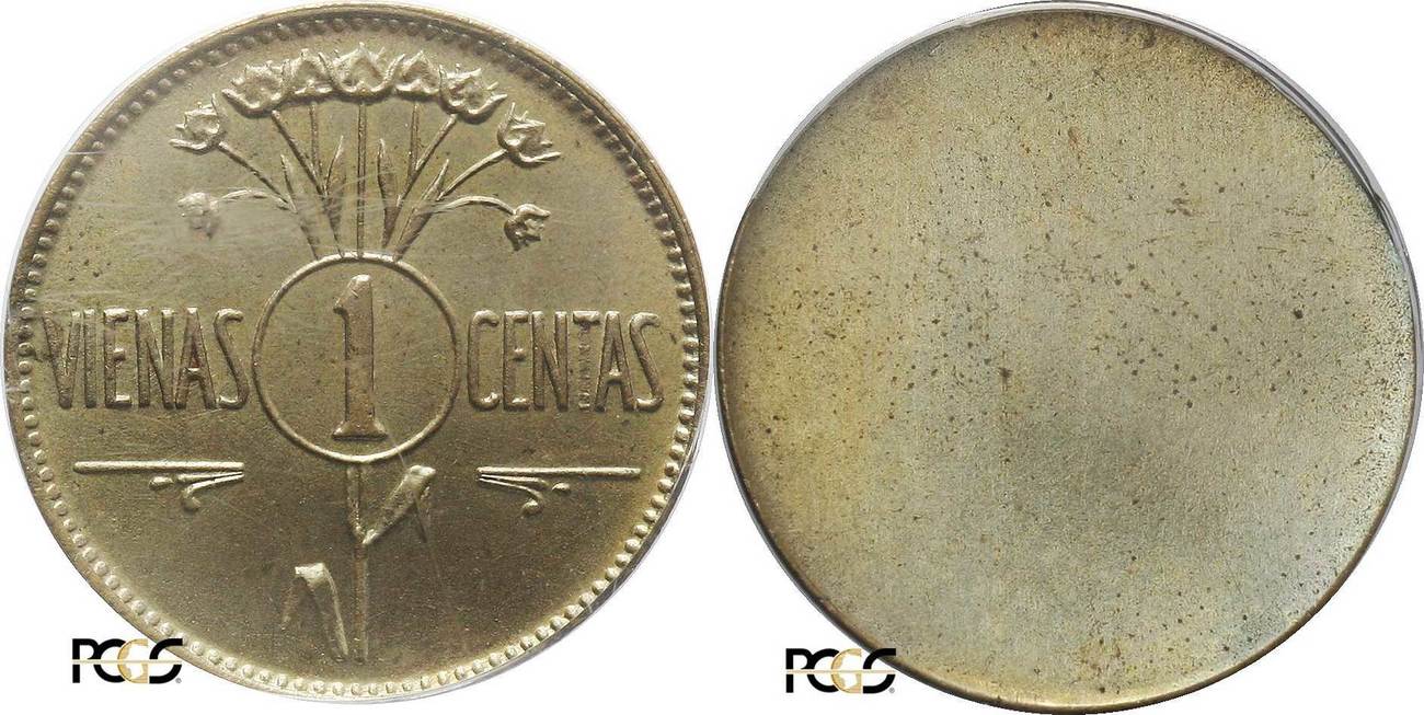 Lithuania 1 Centas 1925 Uniface Reverse Trial Strike PCGS Specimen 66 ...