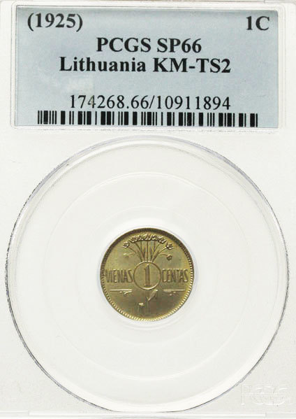 Lithuania 1 Centas 1925 Uniface Reverse Trial Strike PCGS Specimen 66 ...