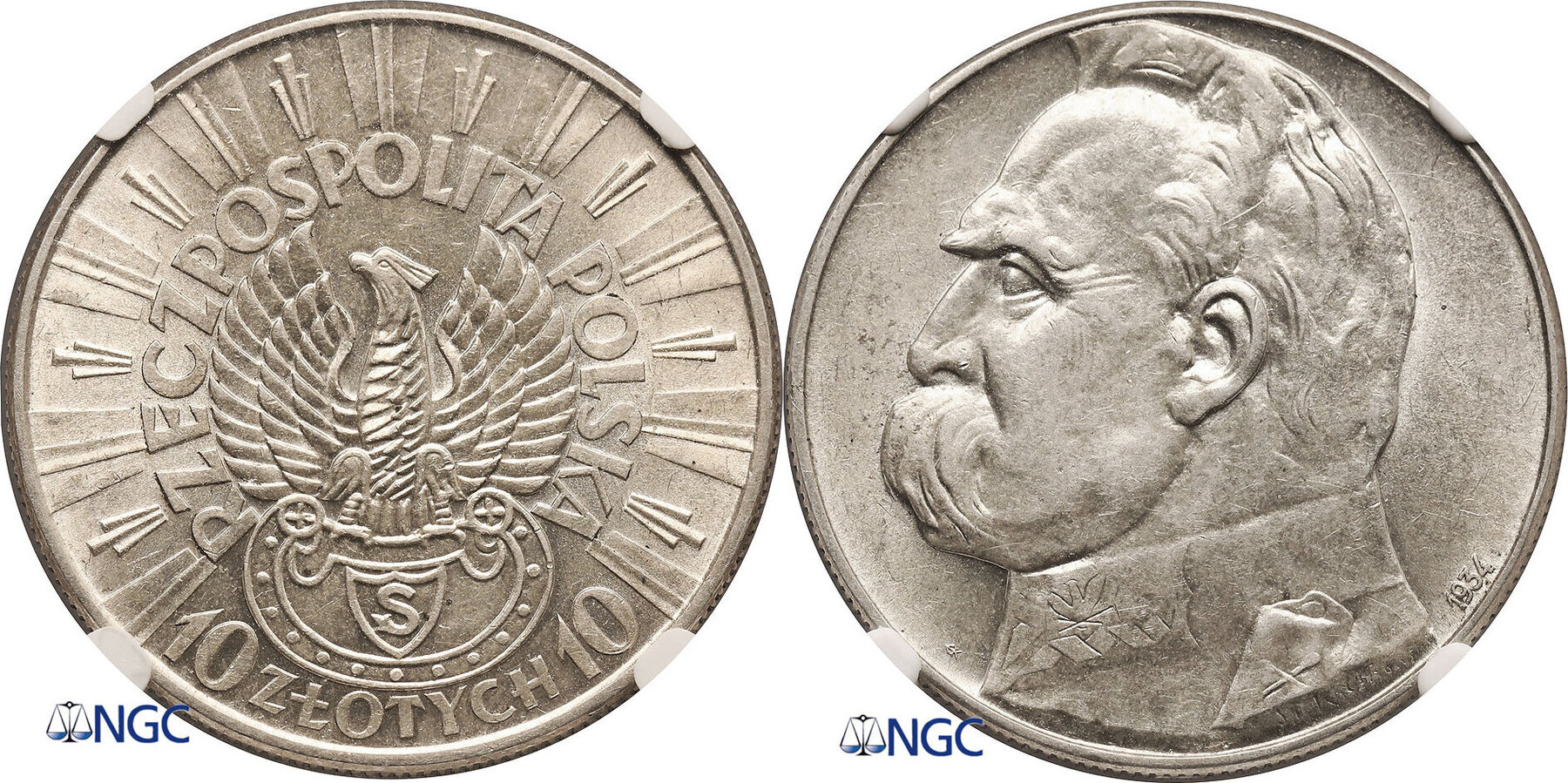 Poland 10 Zlotych 1934 Pilsudski / Rifle Corps Eagle NGC AU 58 | MA-Shops