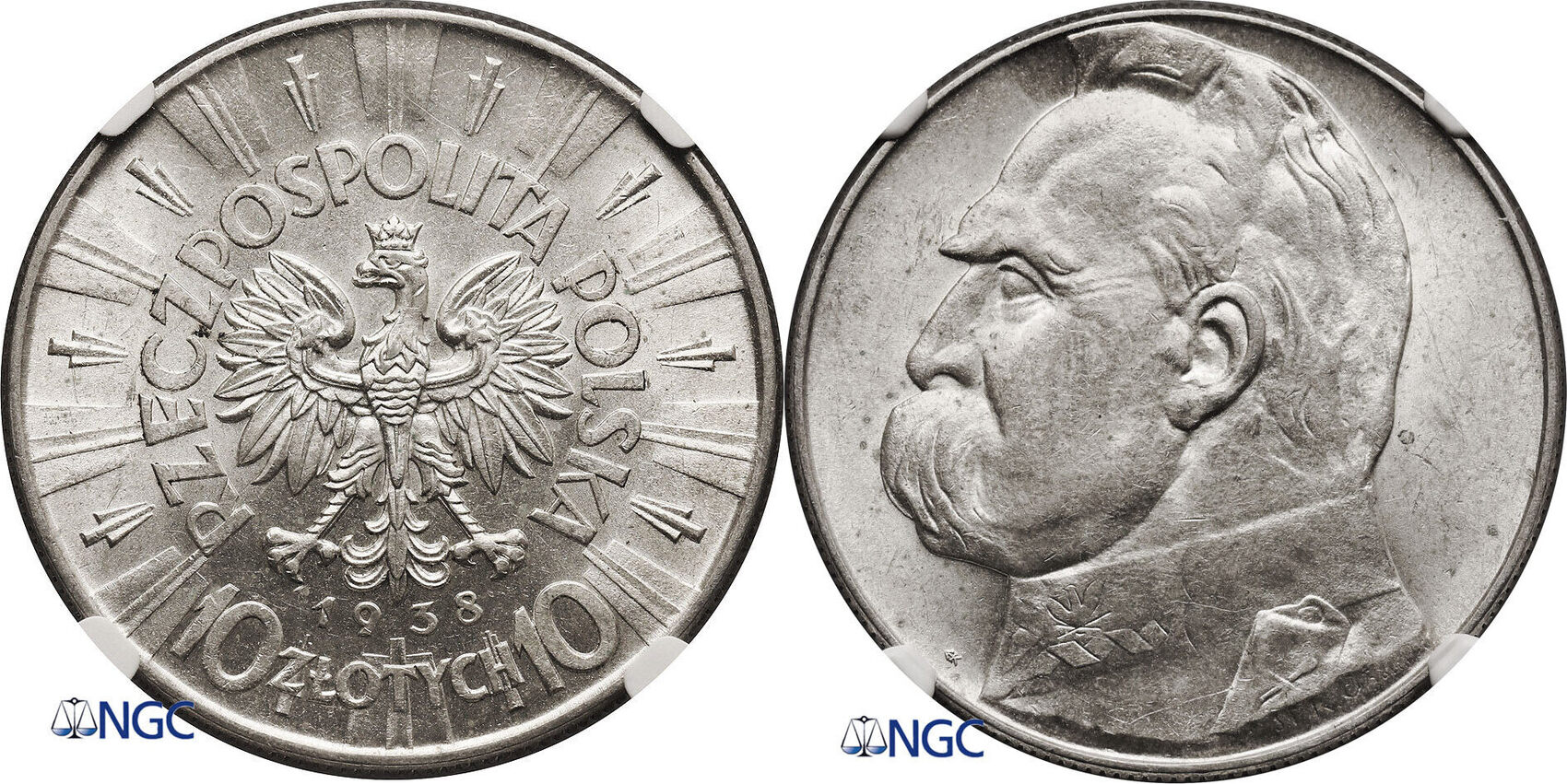 Poland 10 Zlotych 1938 Jozef Pilsudski NGC AU 58 | MA-Shops