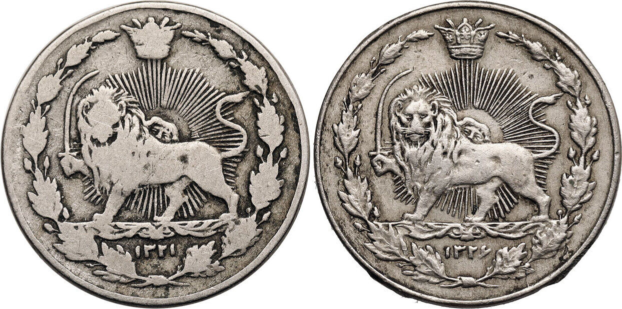 Iran. Muhammad Ali Shah 2 x 100 Dinars (2 Shahi) AH 1321, 1326 Fine/VF ...