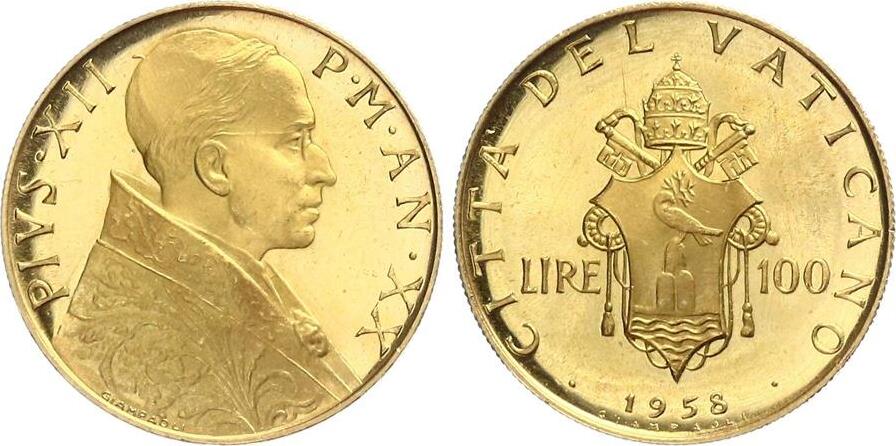 Vatikan Pius XII. 100 Lire Gold 1958 Anno XX. in Stempelglanz BU (MS65-70) | MA-Shops
