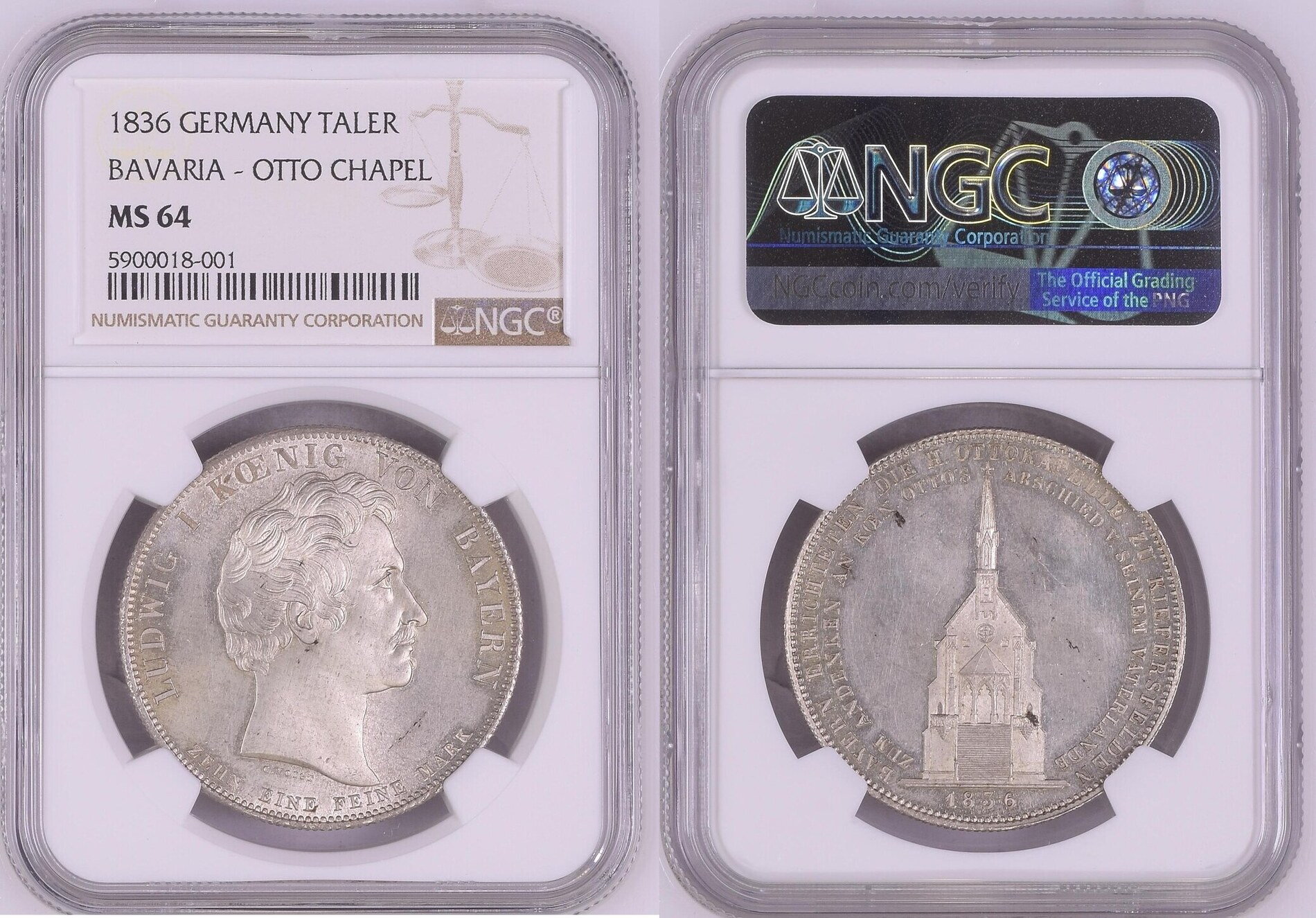 TALER 1836 Thaler Bayern Ottokapelle Kiefersfelden MS 64, aus dem Slab ...
