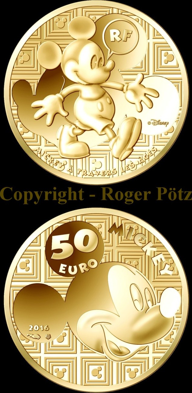 FRANKREICH 50 Euro Gold 2016 Mickey Mouse im Wandel der Jahre proof ...