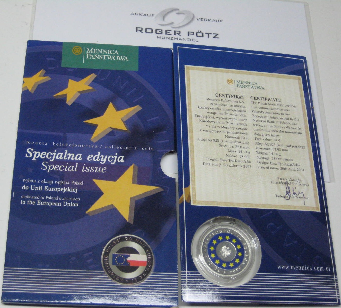Polen 10 Zloty 2004 Silber PP EU Beitritt Coloriert Im Originalfolder Polen 10 Zloty 2004 Silber PP EU Beitritt Coloriert Im Originalfolder