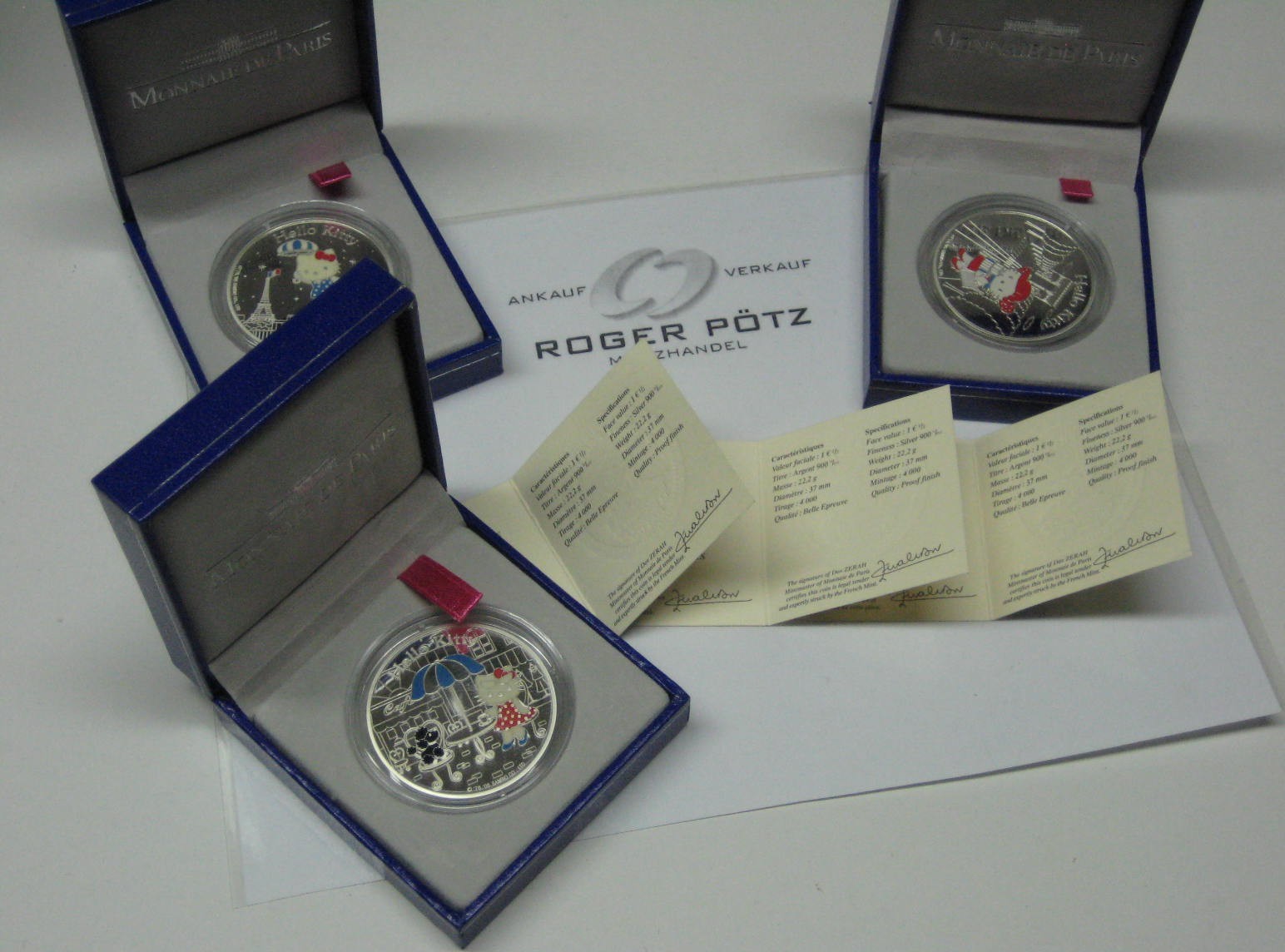 FRANKREICH 4,50 Euro 3 x 1,50 Euro 2005 Hello Kitty Silber PP coloriert ...