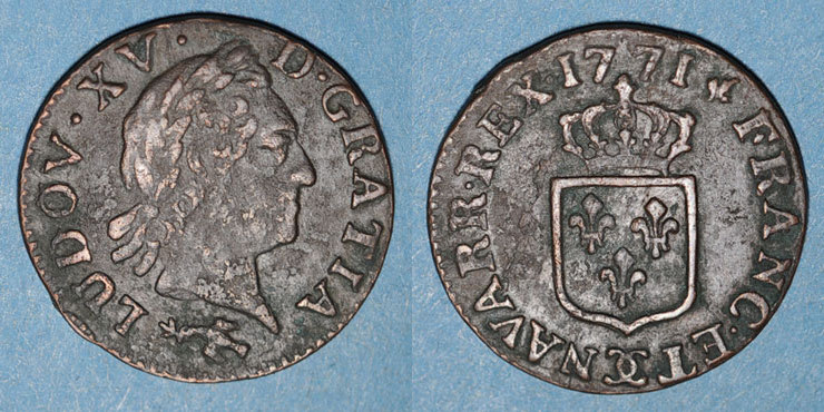 FRENCH ROYAL COINS Liard 1771 Louis XV (1715-1774). à la vieille tête ...