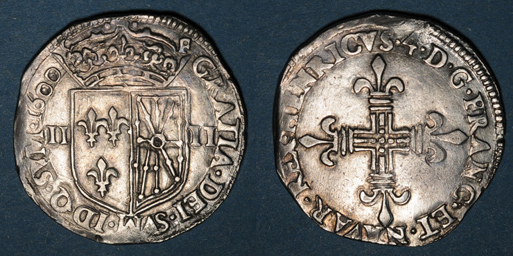 FRENCH ROYAL COINS 1591 Henri IV (1589-1610). 1/4 d'écu de Navarre ...