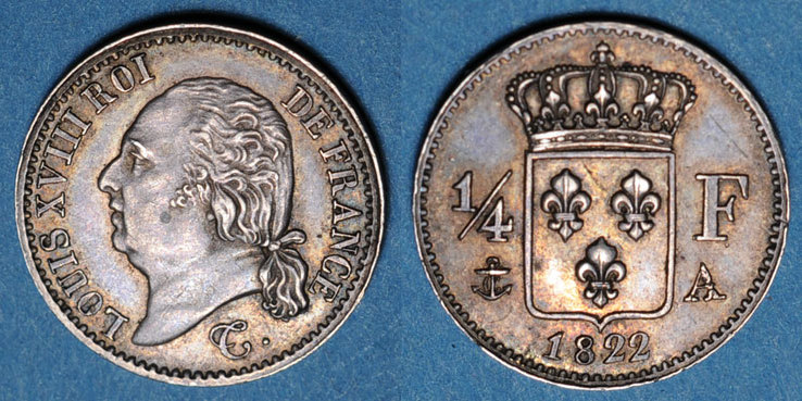 FRENCH MODERN COINS 1/4 franc 1822 A Louis XVIII (1815-1824). EF | MA-Shops