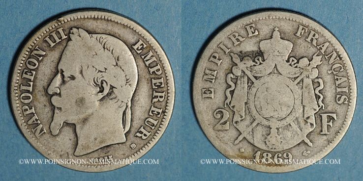 FRENCH MODERN COINS 2 francs 1869 BB 2e empire (1852-1870). tête laurée ...