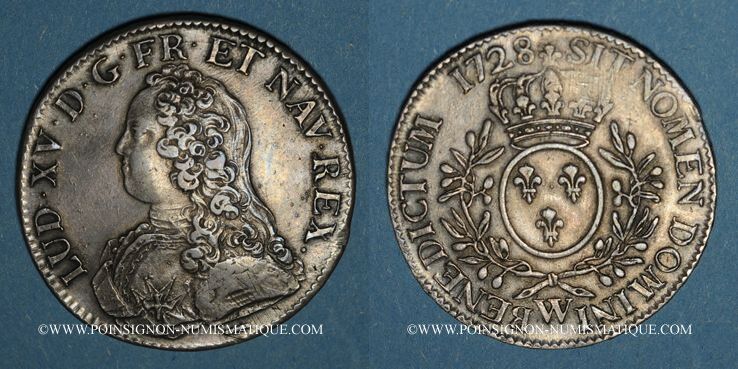FRENCH ROYAL COINS 1728 W Louis XV (1715-1774). Ecu aux lauriers Lille ...