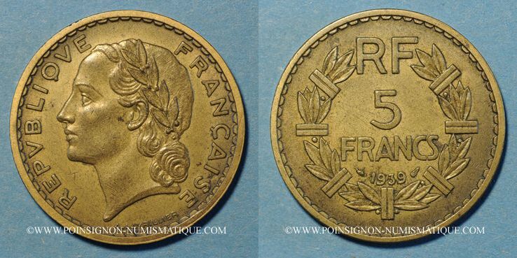 FRENCH MODERN COINS 5 francs 1939 3e république (1870-1940). Lavrillier ...