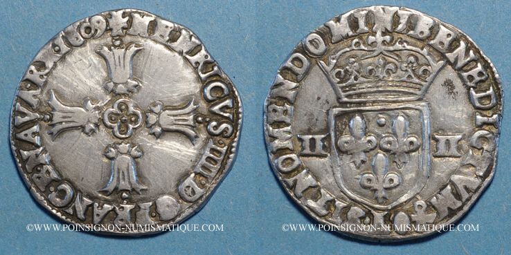 FRENCH ROYAL COINS 1/4 d'écu 1609 L Henri IV (1589-1610). 2e type et ...
