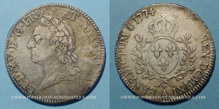 FRENCH ROYAL COINS Louis XV (1715-1774). Ecu à la vieille tête 1774 A ...