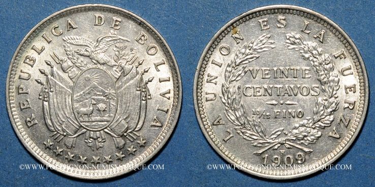 WORLD COINS (excl. EUROPE) 20 centavos 1909 H Bolivie. République. Fines rayures / avers, EF ...