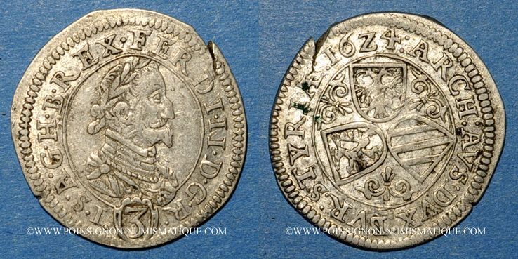 EUROPE 3 kreuzer 1624 Autriche. Ferdinand II (1619-1637). Graz VF | MA ...