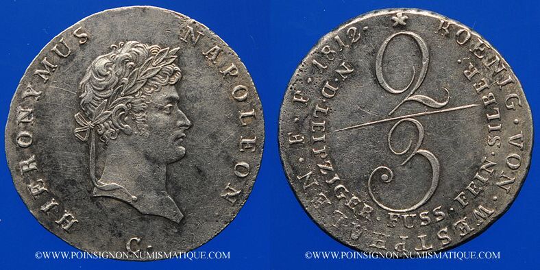 FRENCH MODERN COINS 2/3 taler 1812 C Allemagne. Westphalie. Jérôme ...
