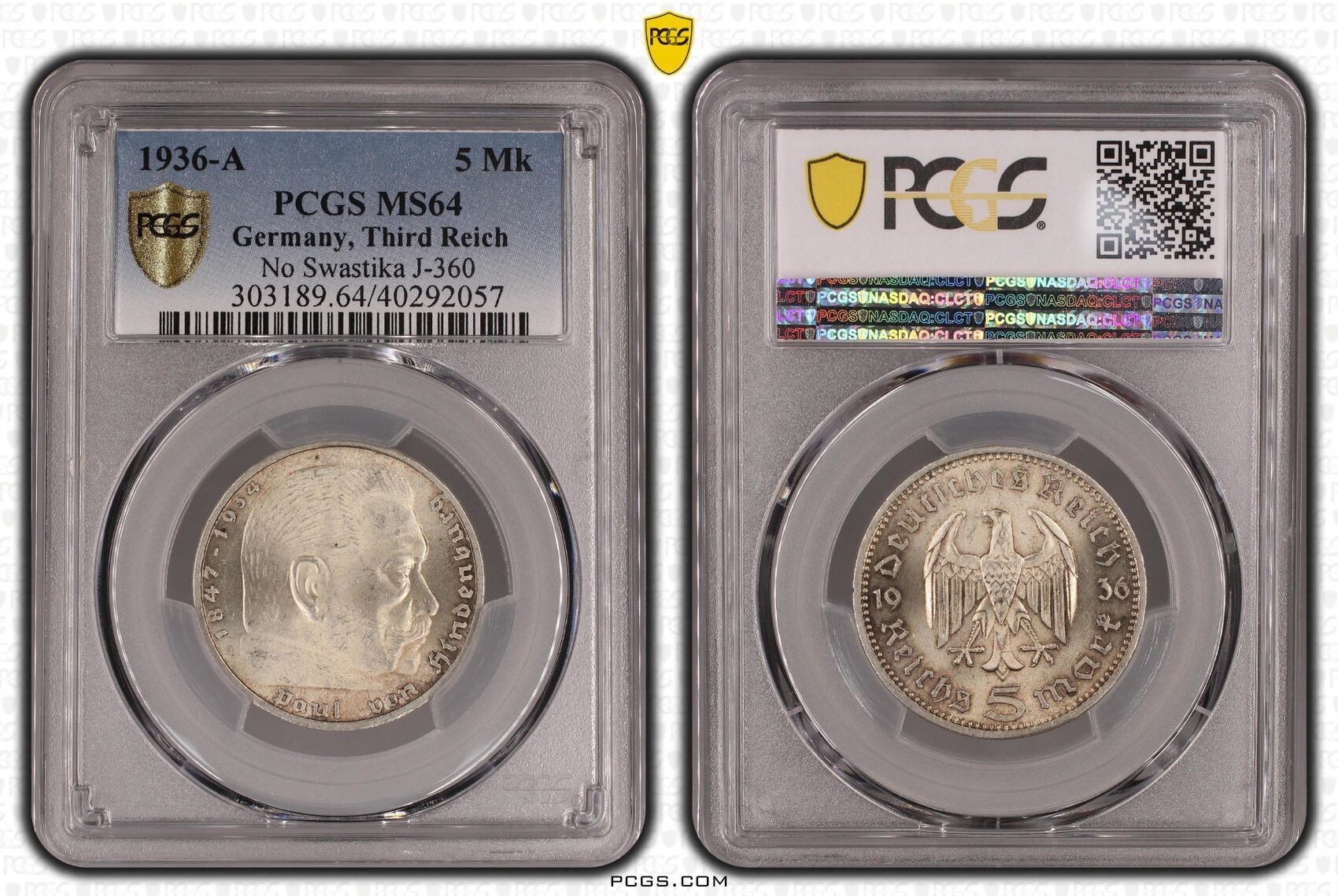 Germany, Third Reich Deutschland 5 Mark 1936-A Hindenburg PCGS MS64 ...