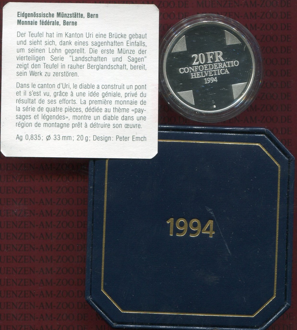 Schweiz, Switzerland Schweiz 20 Franken Silber PP 1994 Teufel und Brücke in Uri Proof* with box ...