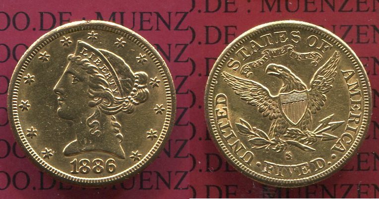 5 Dollars Half eagle USA 5 Dollars Liberty, Frauenkopf, Coronet Head 1886 S Gold USA Details ...