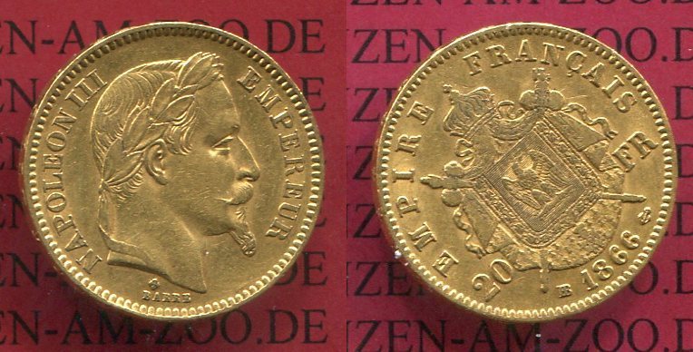 Frankreich, France 20 Francs Goldmünze Frankreich 20 Francs 1866 BB Strasbourg Napoleon III. see ...