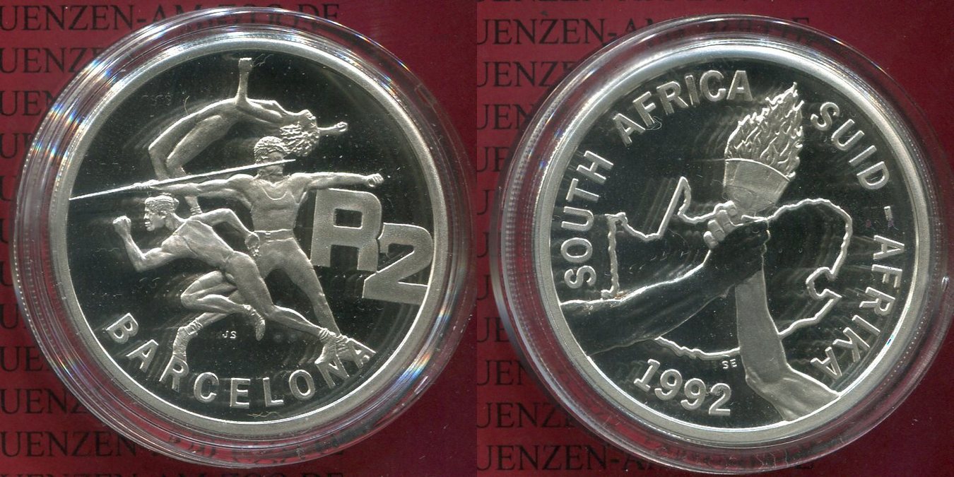 Süd Afrika, South Africa 2 Rand Silbermünze Süd Afrika 2 Rand 1992 Olympische Spiele Barcelona ...