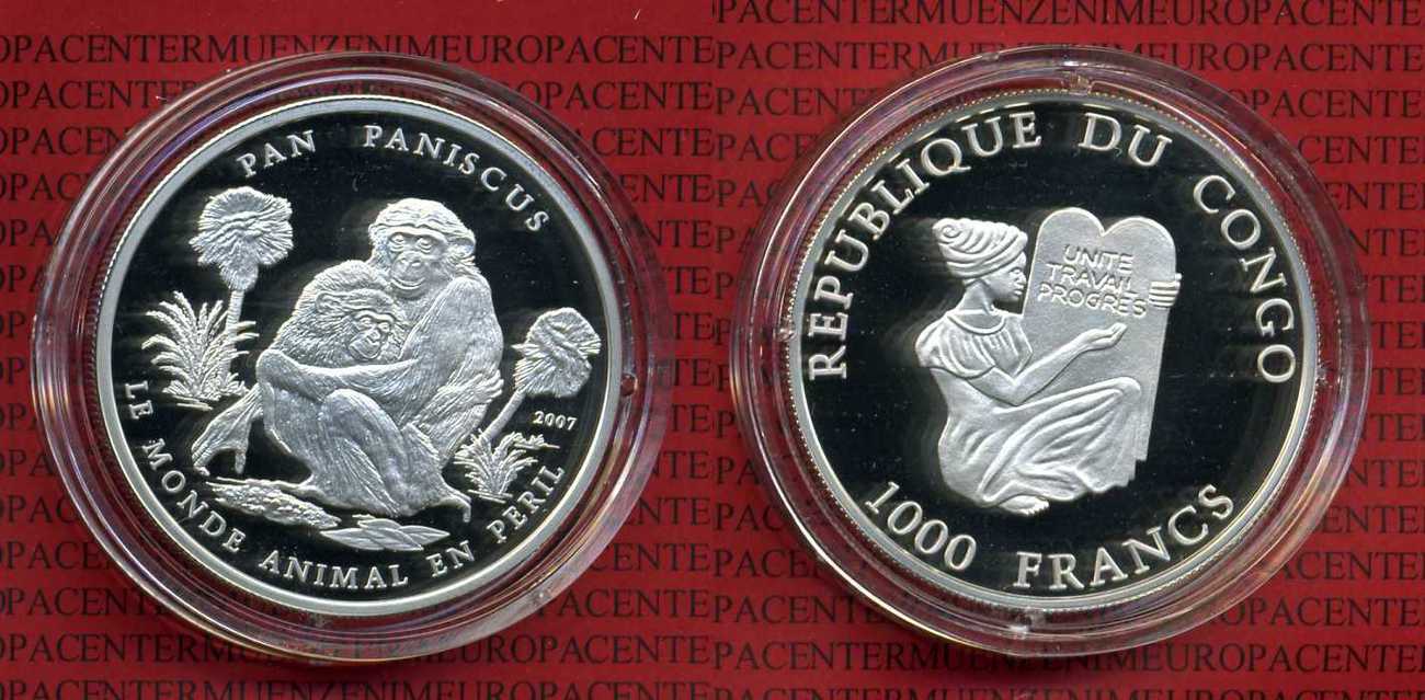 Kongo Republik 1000 Francs Silbermünze Kongo 1000 Francs 2007 Bonobo ...
