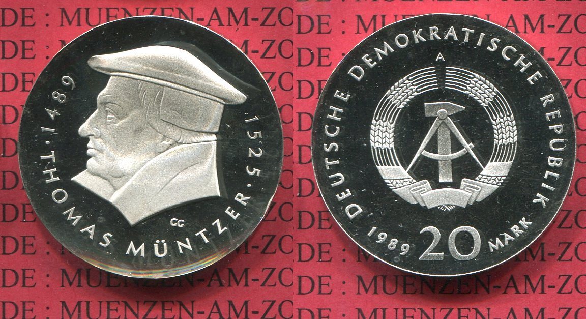 20 Mark Silbermünze DDR DDR 20 Mark 1989, Silber, Thomas Müntzer Polierte Platte in Kapsel USA ...