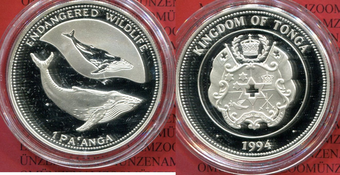 1 Pa´anga Silber Gefährdete Tierwelt. Tonga. Buckelwal. 1 Pa´anga ...