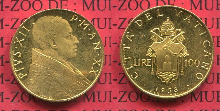 100 Lire Goldmünze Vatikan 1958 100 Lire Gold Papst Pius XII. Stgl MS PL | MA-Shops