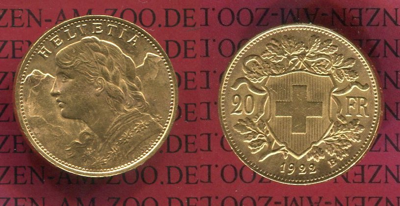 Schweiz, Switzerland 20 Franken Vreneli Gold Schweiz 20 Franken 1922 Vreneli, Gold USA au 58 ...