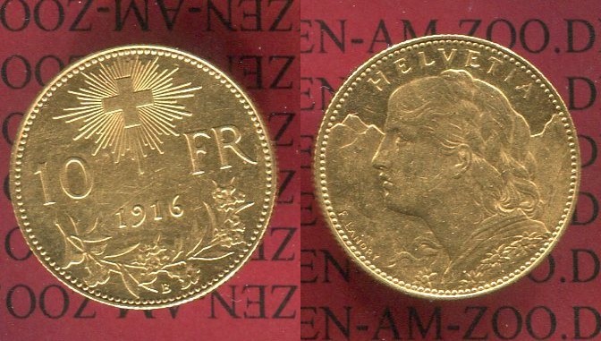 Schweiz, 10 Franken Gold Vreneli Typ, 1916 vz-prfr. AU | MA-Shops