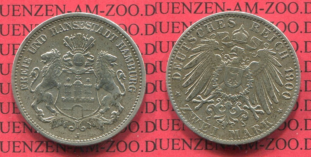 2 Mark Silbermünze Kaiserreich Hamburg 2 Mark 1900 J, Stadtwappen vf not cleaned | MA-Shops