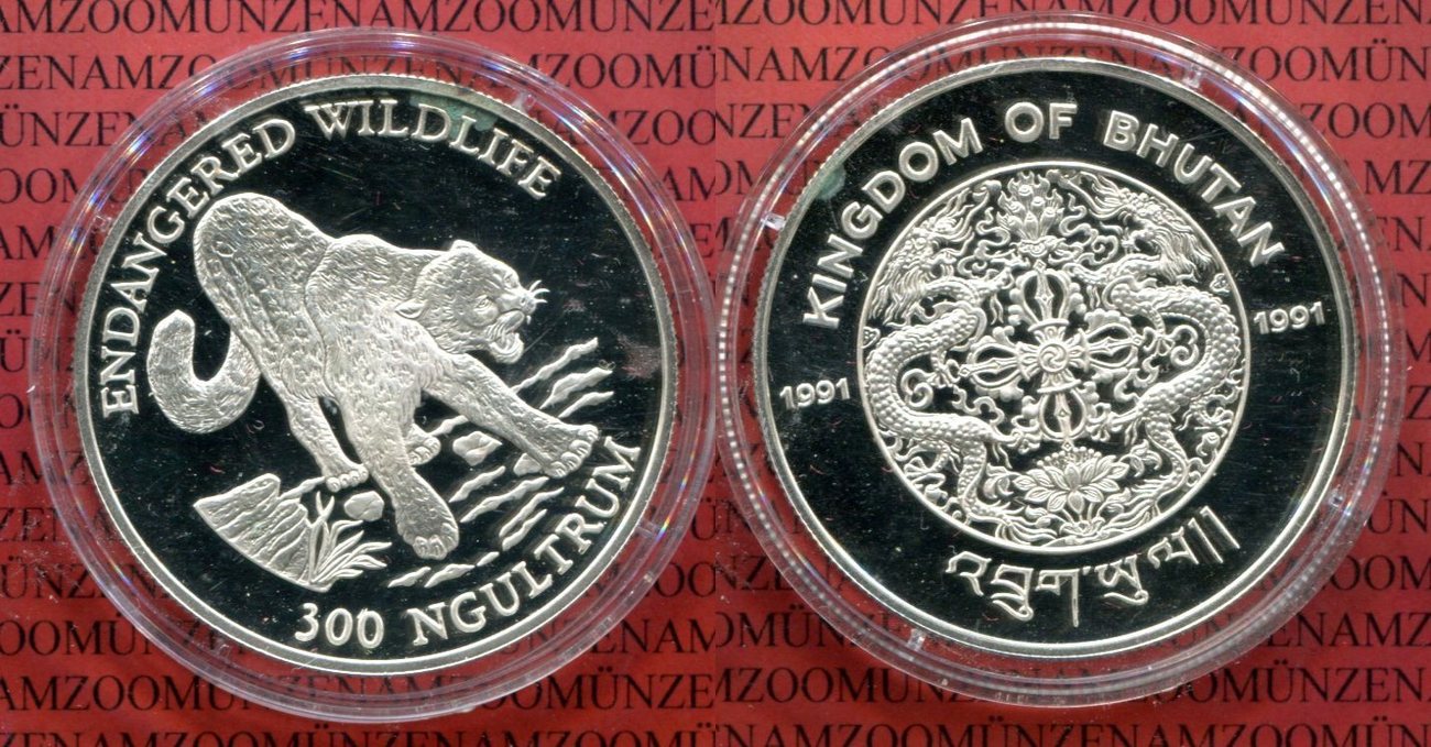 300 Ngultrum Silber Bhutan 300 Nguktrum Silber 1991 Endangered Wildlife ...