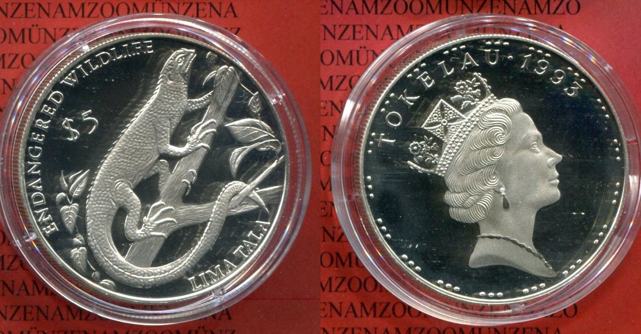 5 Lima Tala Silber Tokelau 5 Lima Taler Dollar Silber 1993 Endangered ...
